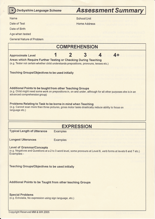 Derbyshire Language Scheme - Assessment Summary