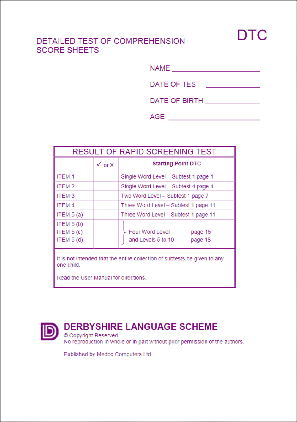 Derbyshire Language Scheme - Detailed Test of Comprehension